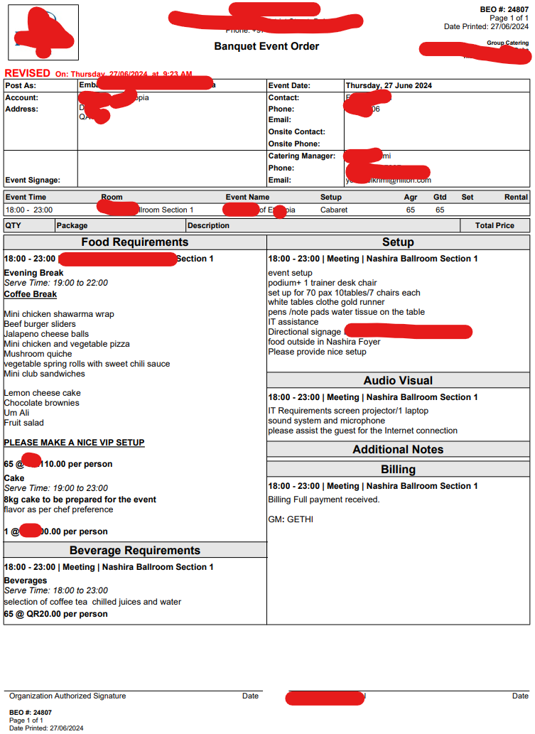 BEOs & Outside Catering of a Five-Star Hotel - Sales And F&B